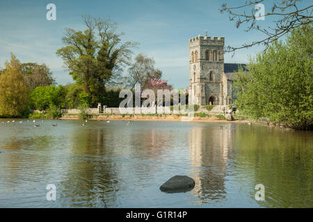 Village pond with St Laurence church behind in the pretty village of ...