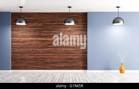 blue room and wood panels wall background 3D illustration rendering ...