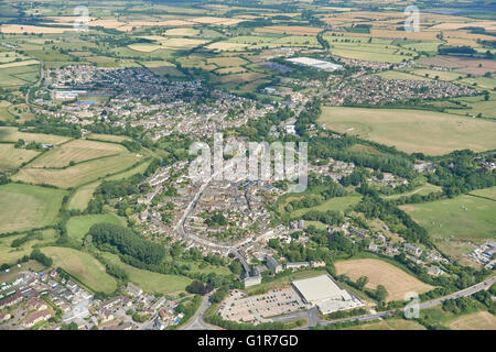 A wide aerial view showing the whole of the market town of Malmesbury ...