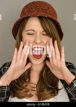 woman in casual clothes shouting yes and raising fists up Stock Photo ...