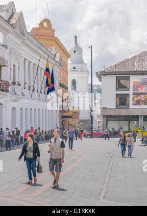 QUITO, ECUADOR, OCTOBER - 2015 - Traditional colonial style buildings at historic center of ...