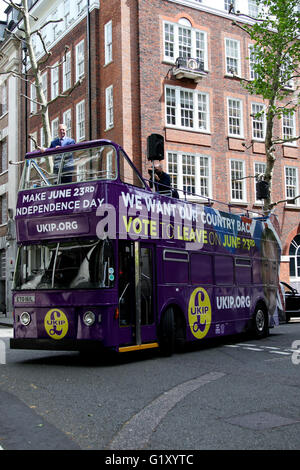 UKIP Leader Nigel Farage aboard his BREXIT battle bus in Thorpe Hesley ...