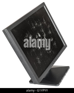 above view of broken monitor with damaged glass screen isolated on ...