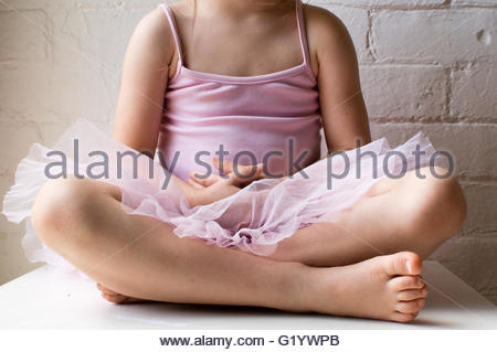 Little girl in pink ballet tutu or filmy skirt standing ready with her ...