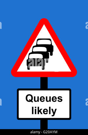 warning sign of queues ahead at traffic jam at roadworks on the A1/M ...