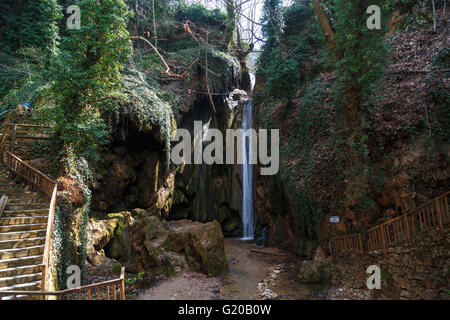 View of a small waterfall flowing around big rocks with small plants ...