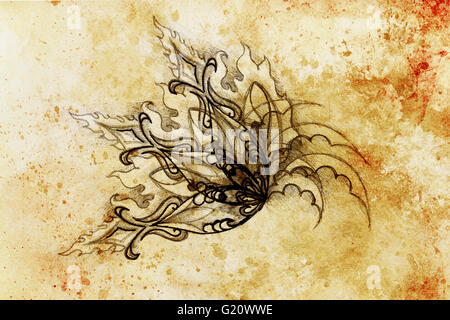 ornamental filigran drawing on paper with flower and flame structure ...