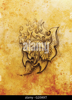 ornamental filigran drawing on paper with flower and flame structure ...