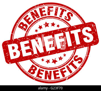 benefits round red sticker isolated on white Stock Photo - Alamy