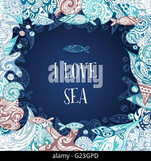 Square frame of deep-sea fish, seaweed. Multicolor, bright frame for ...