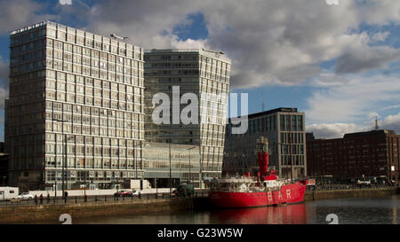 The Mersey Bar lighthouse ship moored in Salt Dock, Albert Docks Stock ...
