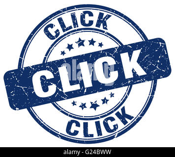 Click Here blue grunge round stamp on white background Stock Photo - Alamy