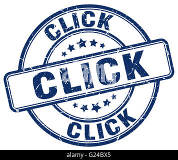 Click Here blue grunge round stamp on white background Stock Photo - Alamy
