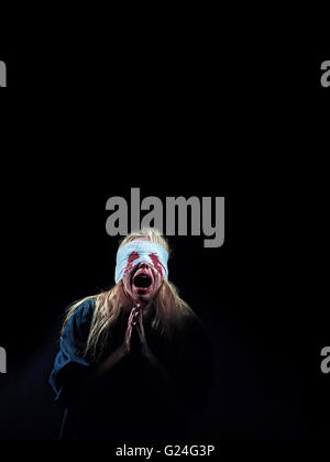 wounded scared bloody girl screaming on black background Stock Photo ...