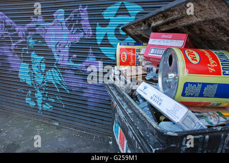 "no Dumping", Industrial cooking oil drums in waste bin by mural Camden ...