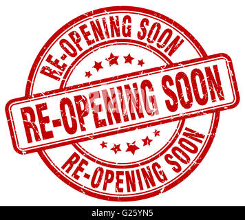 opening soon red grunge round vintage rubber stamp Stock Photo - Alamy