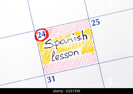 Reminder Spanish lesson in calendar with red pen Stock Photo - Alamy