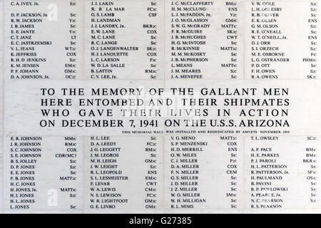 Names of the dead at the USS Arizona memorial at Pearl Harbor Hawaii ...