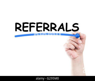 Human hand writing Referrals isolated over white background - business ...