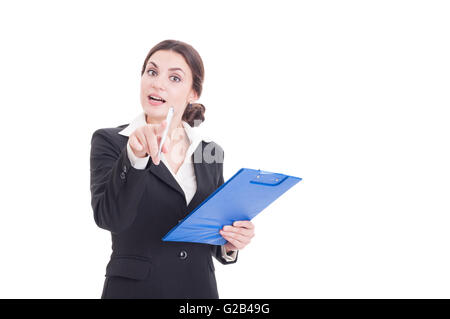 Young beautiful inspector business woman over isolated background ...