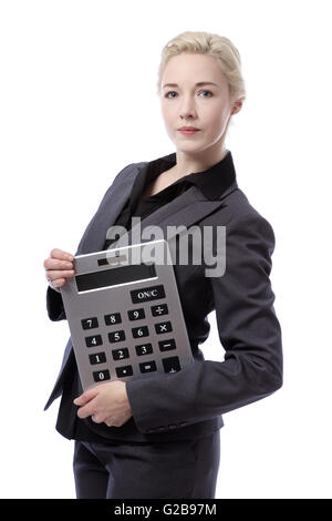 Female accountant with calculator on white background Stock Photo - Alamy