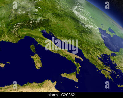 Italy. Highly detailed 3D rendering of a shaded relief map with rivers ...