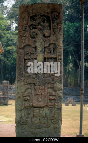 Stela H Back of Stela H at Copan Ruins, an archaeological site of the ...