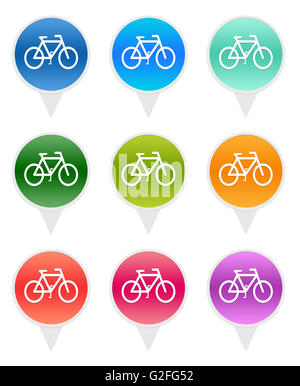 Set of rounded colorful icons with bicycle symbol in green, yellow ...