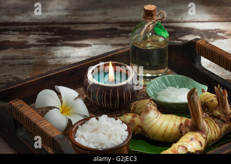 Relax and spa theme. Coconut, coconut oil, milk, candles, towel ...