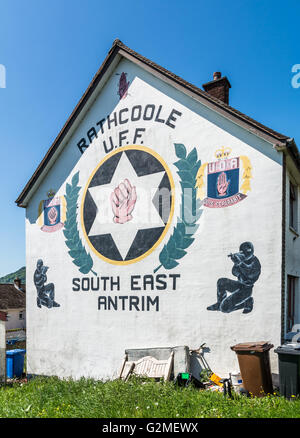 South East Antrim UDA UFF mural in Monkstown estate depicting masked ...