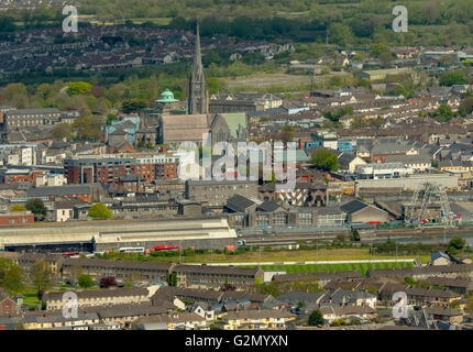 Aerial view, Downtown Limerick on the River Shannon with the city of St ...