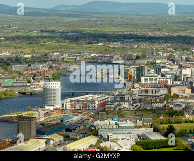Aerial view, Downtown Limerick on the River Shannon with the city of St ...