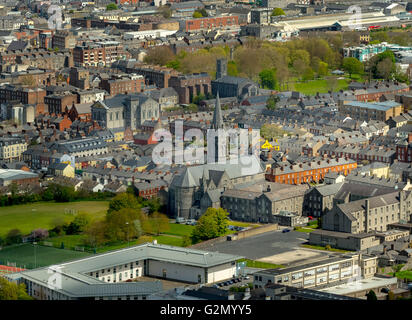 Aerial view, Downtown Limerick on the River Shannon with the city of St ...