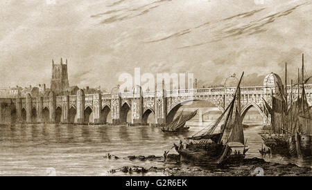 Old Medieval London Bridge, in England, UK, in 1616, vintage engraved ...