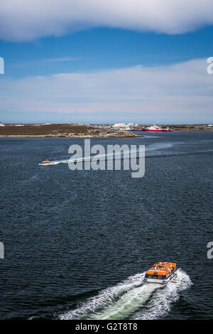 Cruise ship Zaandam tender boat transporting passengers to Port Stanley ...