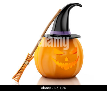 3d renderer image. Halloween pumpkin with witch hat. Halloween concept ...