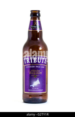 A bottle of Tribute pale ale from the St Austell Brewery. It has a ...