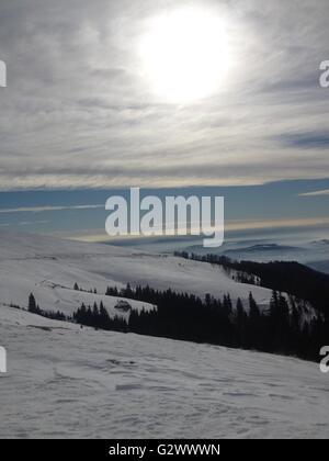 Ski park in Carpathian mountains. Ride on ski and snowboard in winter ...