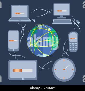 blue poster mobile device with desktop computer and tablet and link to ...