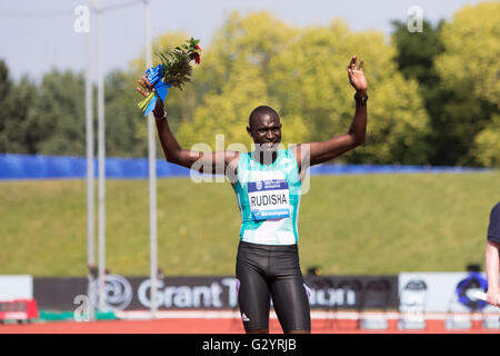Birmingham, UK. 5th June, 2016. David Rudisha takes first place with a ...