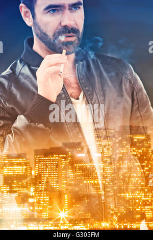 Portrait, man and smoking of cigarette for double exposure for fashion ...