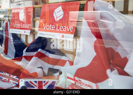 A Vote Leave campaign poster situated inside a shop window in ...