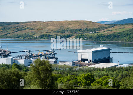 View of Royal Navy base, Clyde, at Faslane on the Gare Loch in Argyll ...
