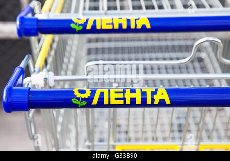 Shopping cart of Lenta store. Lenta is one of the largest retail chains ...