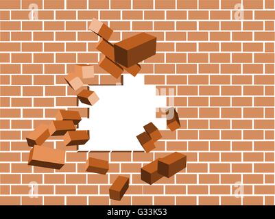 Broken Brick Wall. 3D view, brick stone wall ruined, old building ...