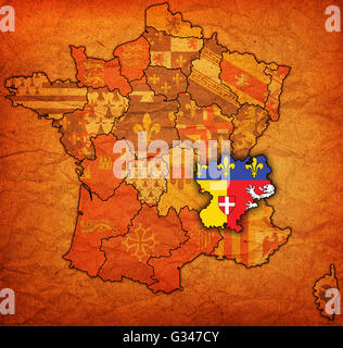 Rhone-Alpes on old map of france with flags of administrative divisions ...