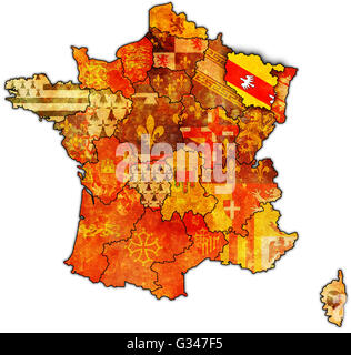 Lorraine on old map of france with flags of administrative divisions ...