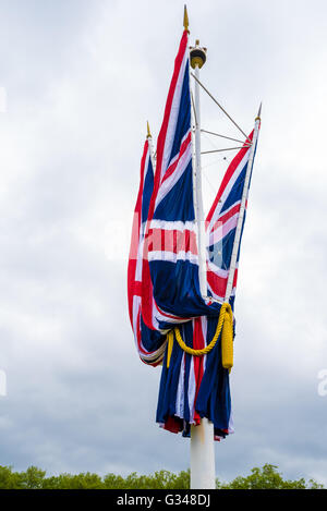 British Union Jack flags flying in the summer sky behind a flowering ...