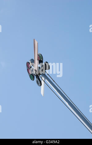 old fashioned vintage railway semaphore signal cleared or off for the ...