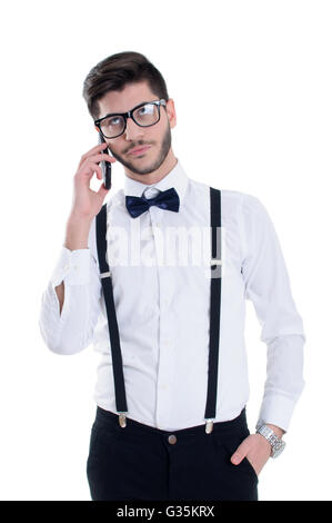 Bald man with beard having conversation talking on the smartphone ...